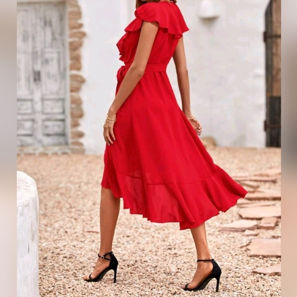 Dresses | New Chic Flowy Ruffle Wrap Tie Midi Dress Red | Poshmark